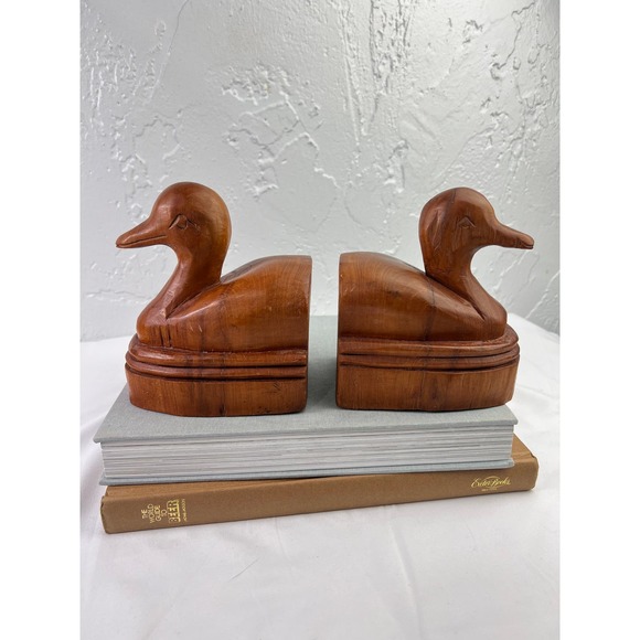Vintage | Accents | Heavy Wooden Duck Bookends Hand Carved Solid Wood ...